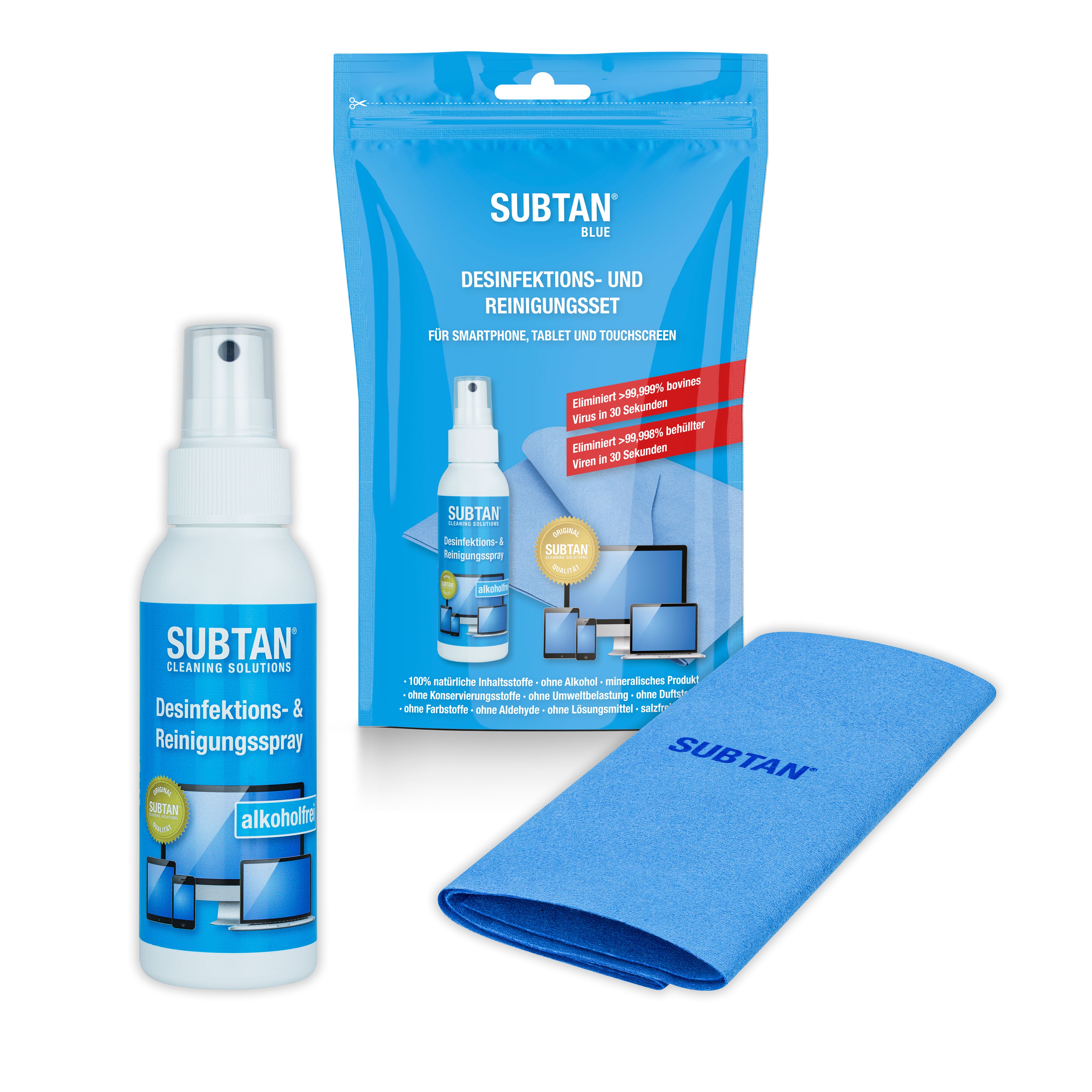 SUBTAN® Blue Pocket Desinfektions und Reinigungsset für Smartphone, Ta